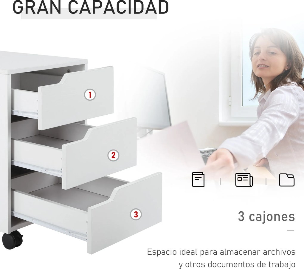 HOMCOM Kancelářská zásuvková skříň s kolečky, filing cabinet se 3 zásuvkami, 40x50x57 cm, bílá