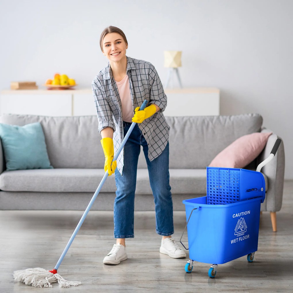 HOMCOM Úklidový vozík mycí kbelík pro domácnost 20 l s odstředivkou a odlučovačem čisté špinavé vody modrý 60L x 27W x 70,5H cm
