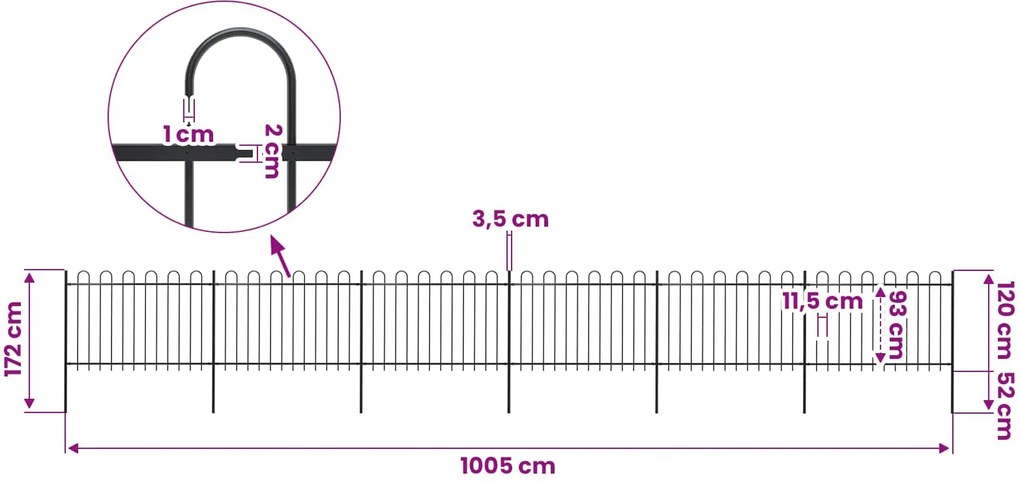 Zahradní plot s obloukem nahoře ocelový 1005 x 120 cm černý 277670