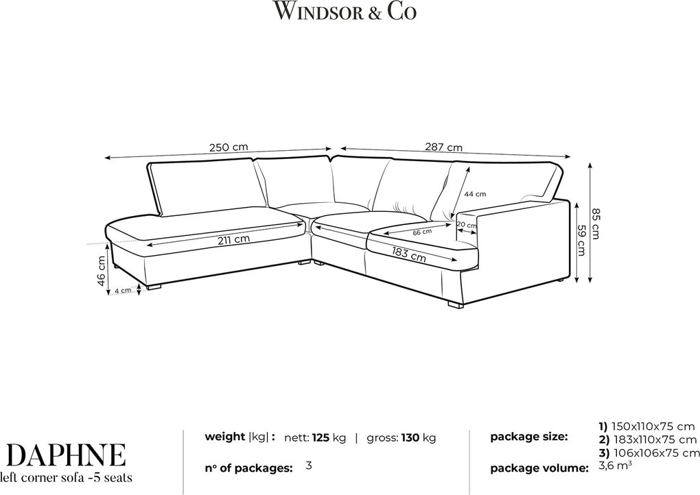 WINDSOR & CO Pětimístná rohová rozkládací pohovka Daphne levý roh