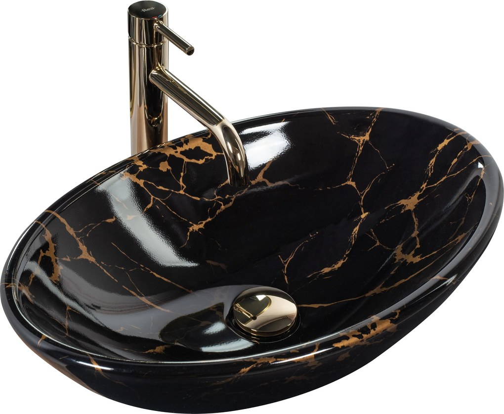 Rea Pamela Black Marble Shiny, umyvadlo na desku 530x330x150 mm, černá lesklá-vzor black marble, REA-U5067