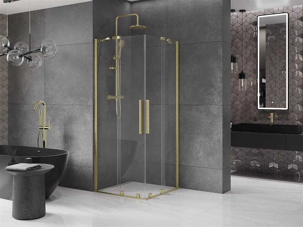 Mexen Velar Duo, sprchový kout s posuvnými dveřmi 100(dveře) x 100(dveře) cm, 8mm čiré sklo, zlatý matný profil, 871-100-100-02-55