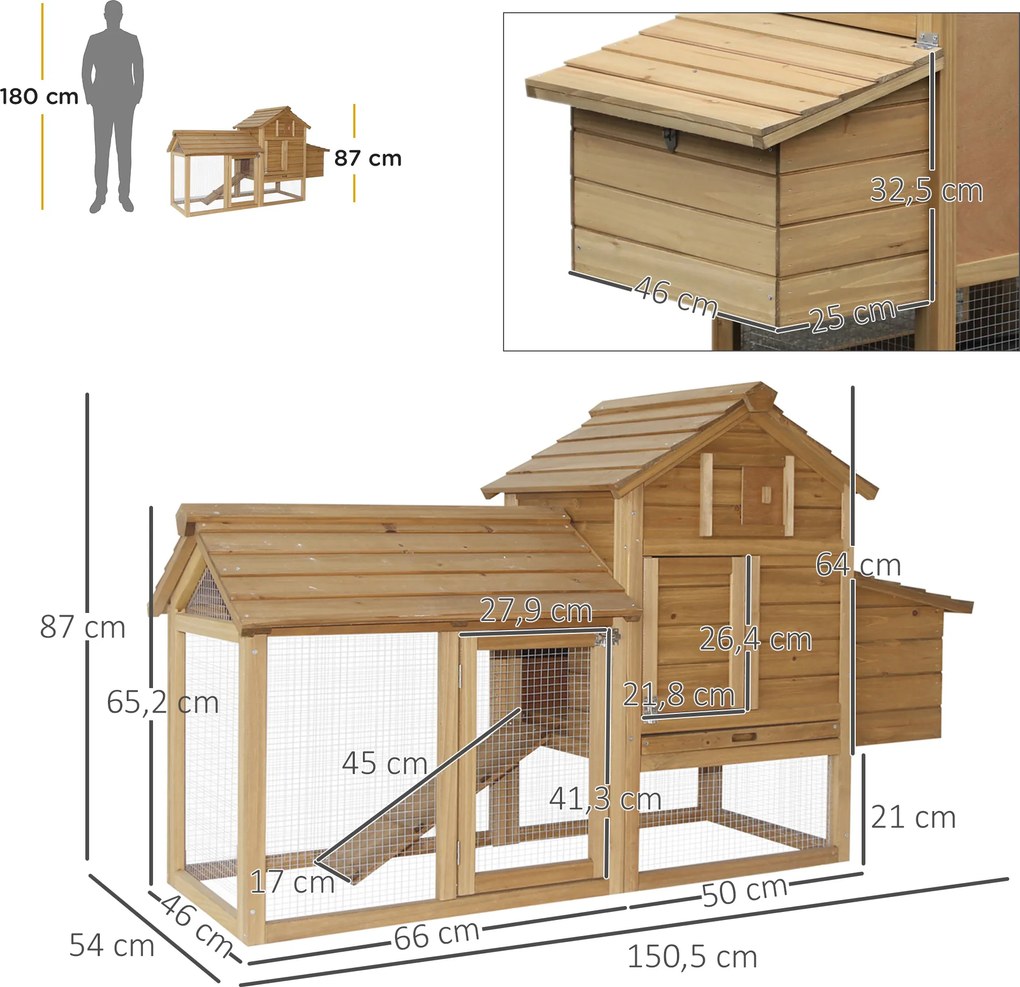 Kurník Dřevěný kurník 151,5 x 54 x 87 cm, výběh pro slepice se 2 patry, 2 dveře, hnízdní box, vodotěsná střecha, výběh, rampa, výběh pro slepice na z…