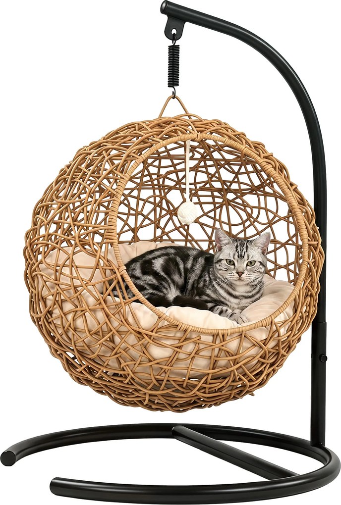 PawHut pletené kočičí lůžko — vyvýšený ratanový dům s pratelným polštářem a hračkou, 45 × 41 × 75 cm, světle hnědý | Aosom