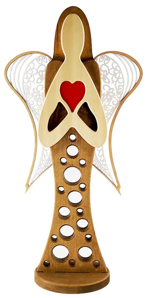 AMADEA Dřevěný anděl na podstavci s bílými křídly a červeným srdcem, masivní dřevo, 93x46 cm, český výrobek