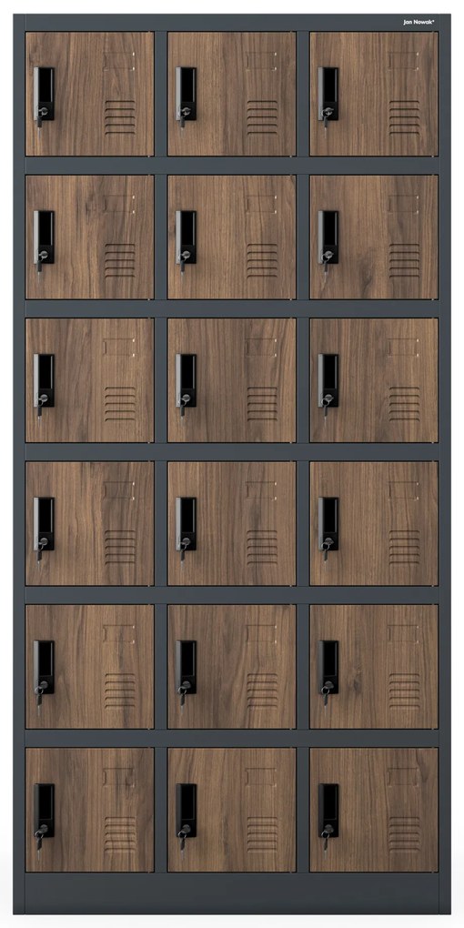 Skříňka pro zaměstnance s 18 uzamykatelnými boxy, bílá antracit/ořech, 900x1850x400 mm: KAROL Eco Design