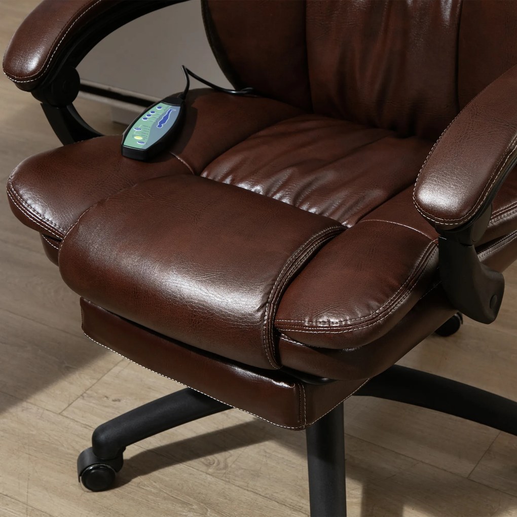Kožená kancelářská židle Vinsetto s masážní funkcí a funkcí polohování, ergonomická kancelářská židle s podnožkou v hnědé barvě