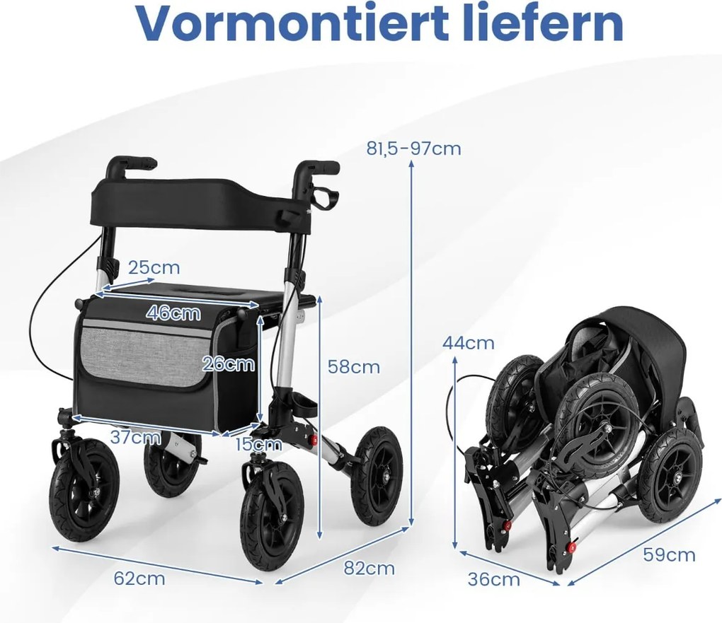 Costway Rollator s pneumatikami, skládací a lehký s hliníkovým – stříbro