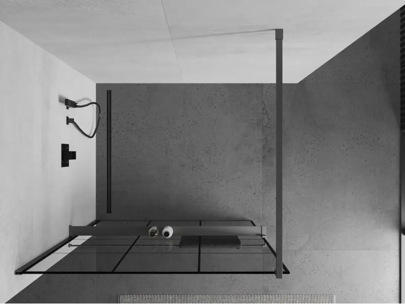 Mexen Kioto+, sprchová zástěna Walk-In s poličkou a věšákem 100 x 200 cm, 8mm čiré sklo černý vzor, grafitový profil, 800-100-121-95-77