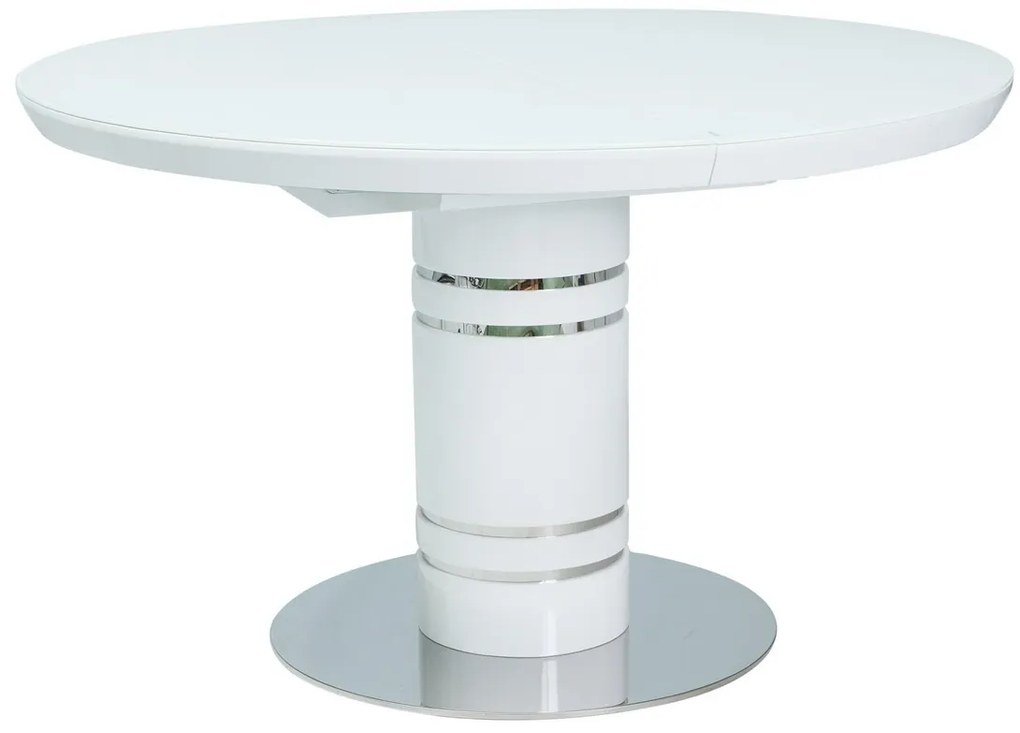 Jídelní stůl rozkládací STRATOS 120 cm, bílý lak, sklo, nerez