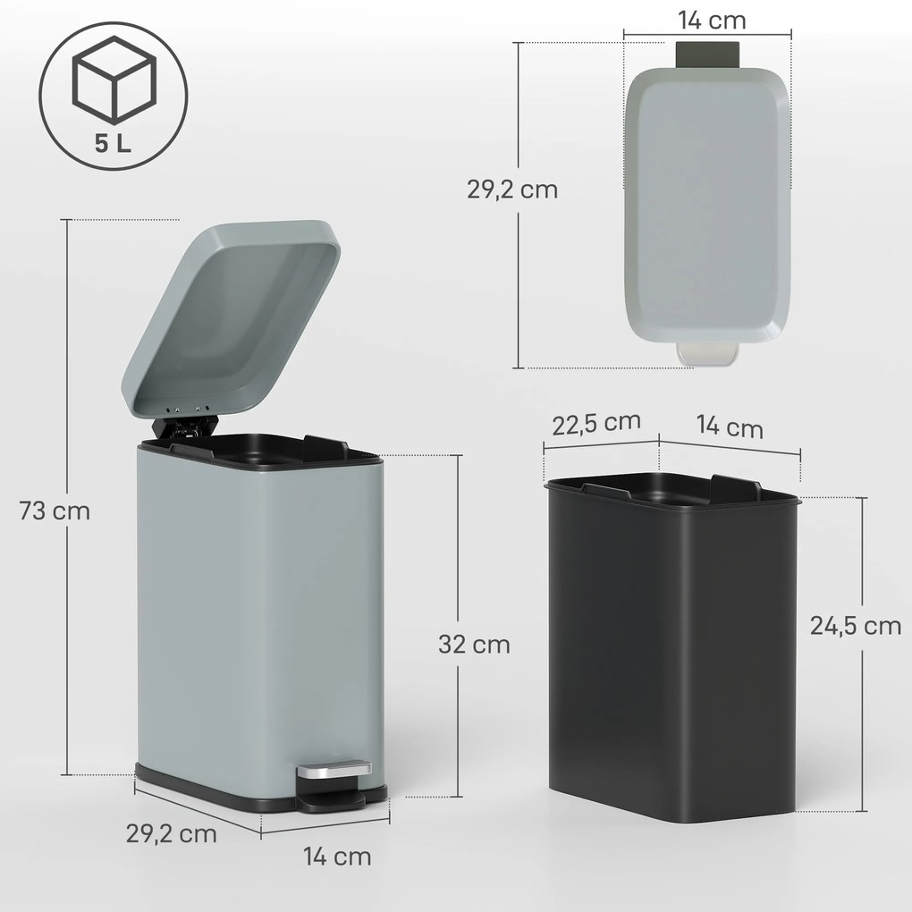 HOMCOM Pedálový odpadkový koš 5 l s víkem a nožním pedálem, kovový vnitřní koš šedý 29,2x14x32 cm do obývacího pokoje kanceláře | Aosom.de