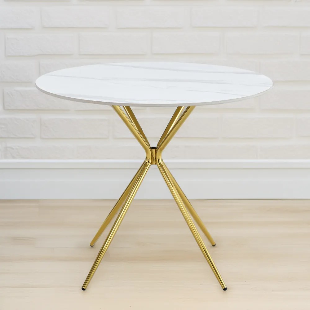 Jídelní stůl, bílý mramor/gold chrom zlatá, průměr 90 cm, MEKNER