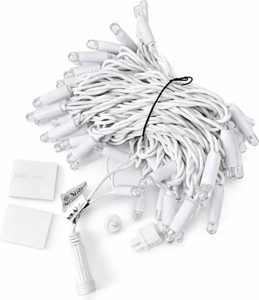 Eco fix LED světelný řetěz 10 m, 60 zářivějších diod, teple bílá, 36V, bílý kabel, IP44
