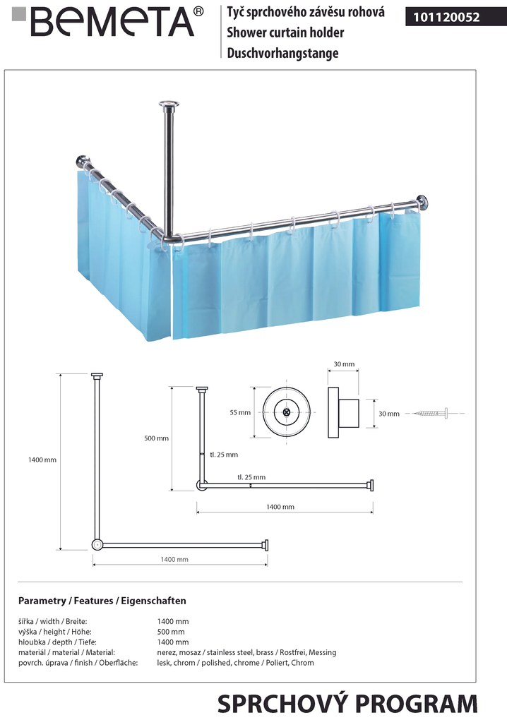 Bemeta Design Tyč sprchového závěsu, 1400 x 1400 mm, rohová, nerez, lesk - 101120052