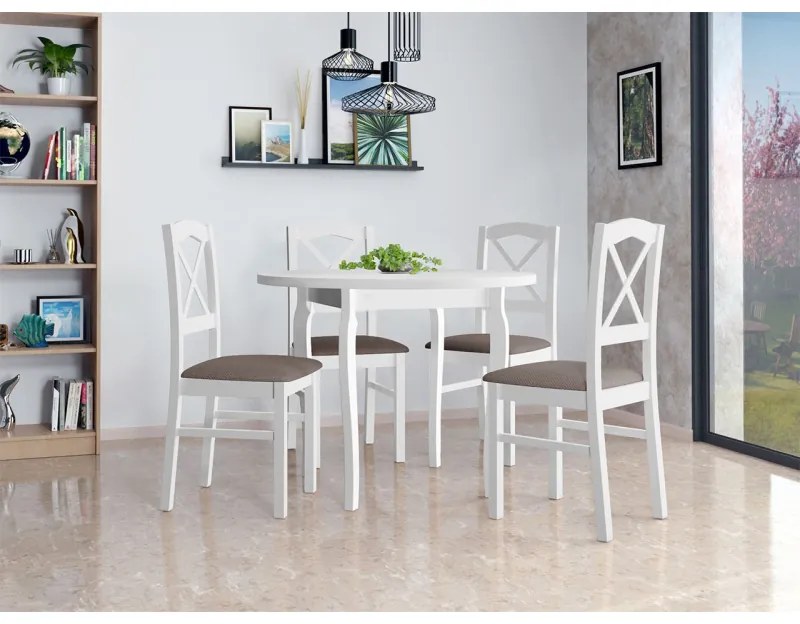 Kulatý stůl se 4 židlemi - AL55, Barva dřeva: bílá, Potah: Kronos 7
