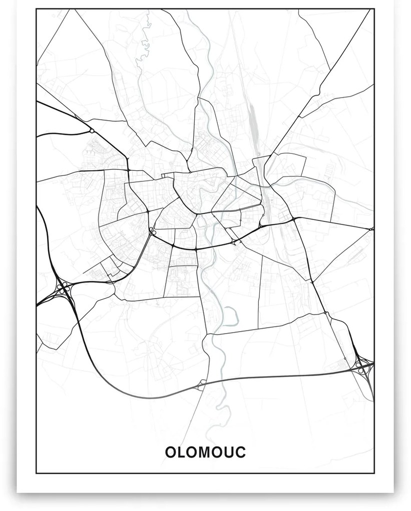 Olomouc – silnice - města – mapa doztracena / město – bílá / papír / bez lišt / 30×40 cm