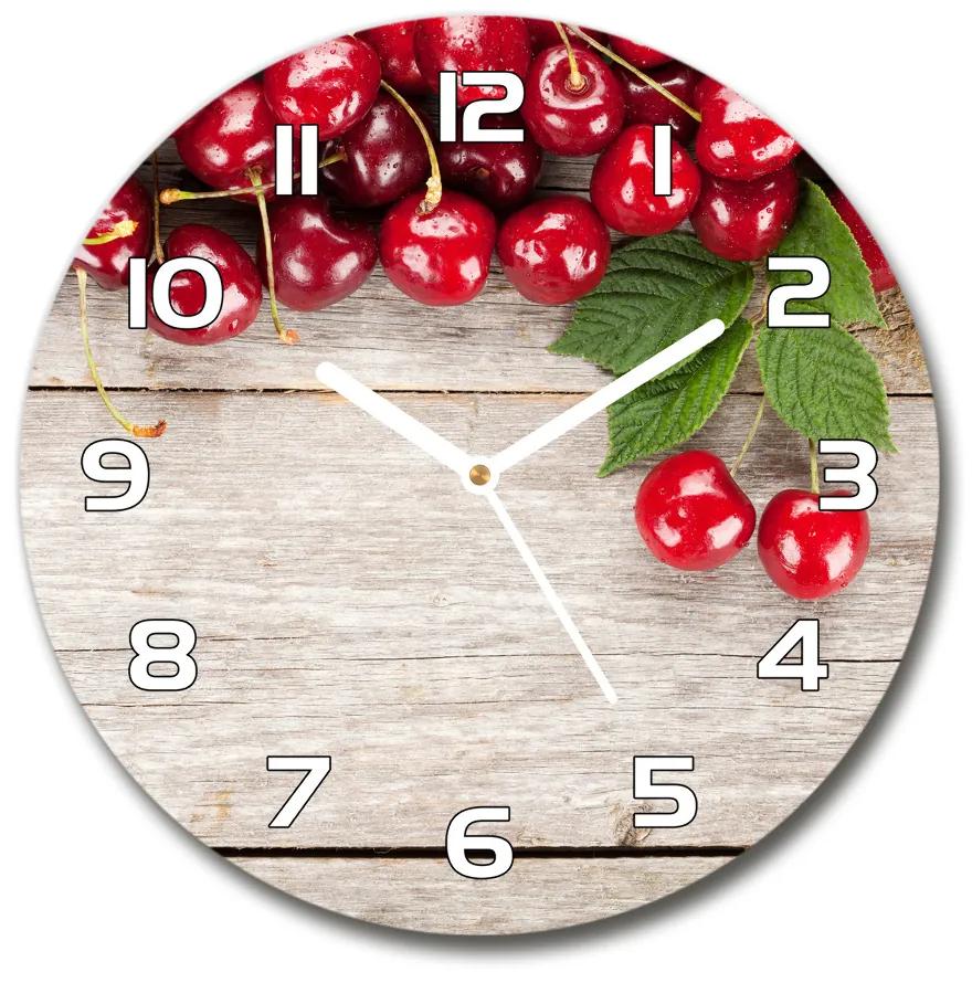 Wallmuralia Skleněné hodiny kulaté Višně na dřevě fi 30 cm