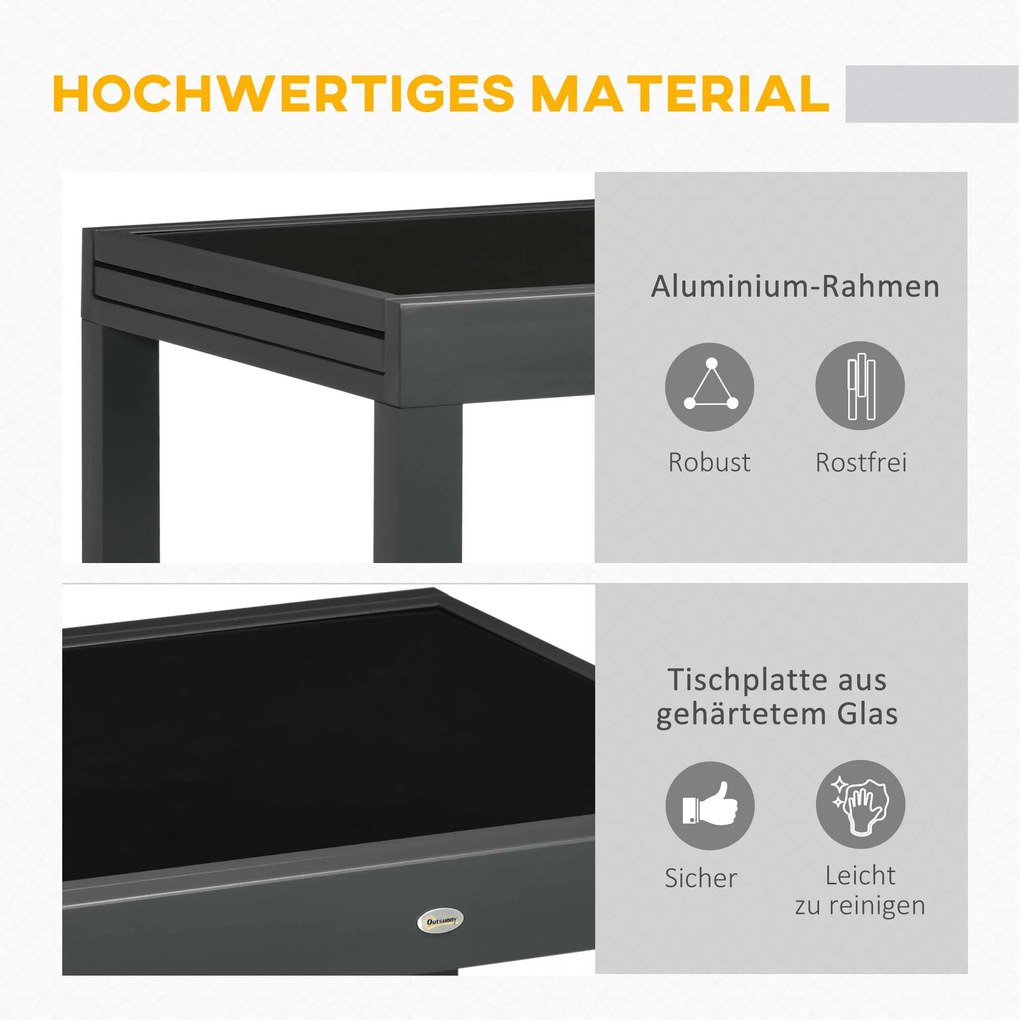 Rozkládací zahradní stůl Outsunny z hliníku s obdélníkovým tvarem a tvrzeným sklem pro 4-6 osob, nosnost 50 kg, rozměry 80-160x80x75 cm, černý