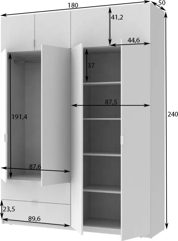 Skříň čtyřdveřová Lukas 180x50x240 cm Bílá