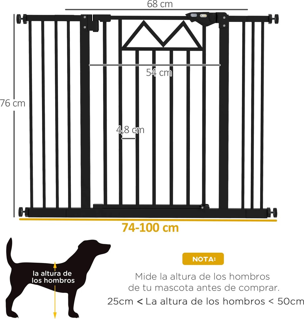 PawHut Nastavitelná bezpečnostní bariéra 74-100 cm s automatickým zámkem a dvojitým zámkovým systémem a 2 prodlouženími 7/14 cm pro dveře, chodby a s…