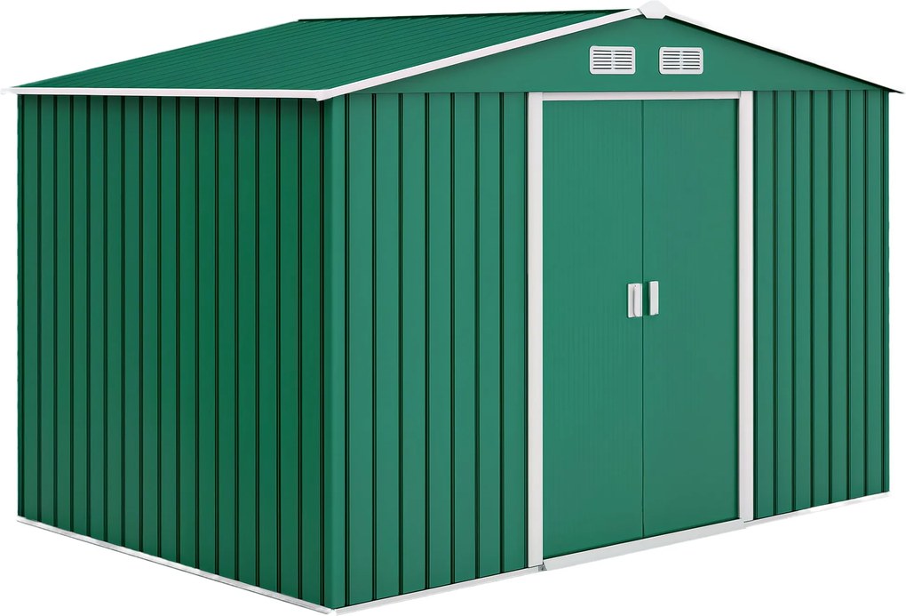 Zahradní shed Outsunny 4,9 m² 277x195x192 cm se skládacími dveřmi a šikmou střechou, zesílený základ (podlaha není součástí) a 4 tmavě zelená okna | A