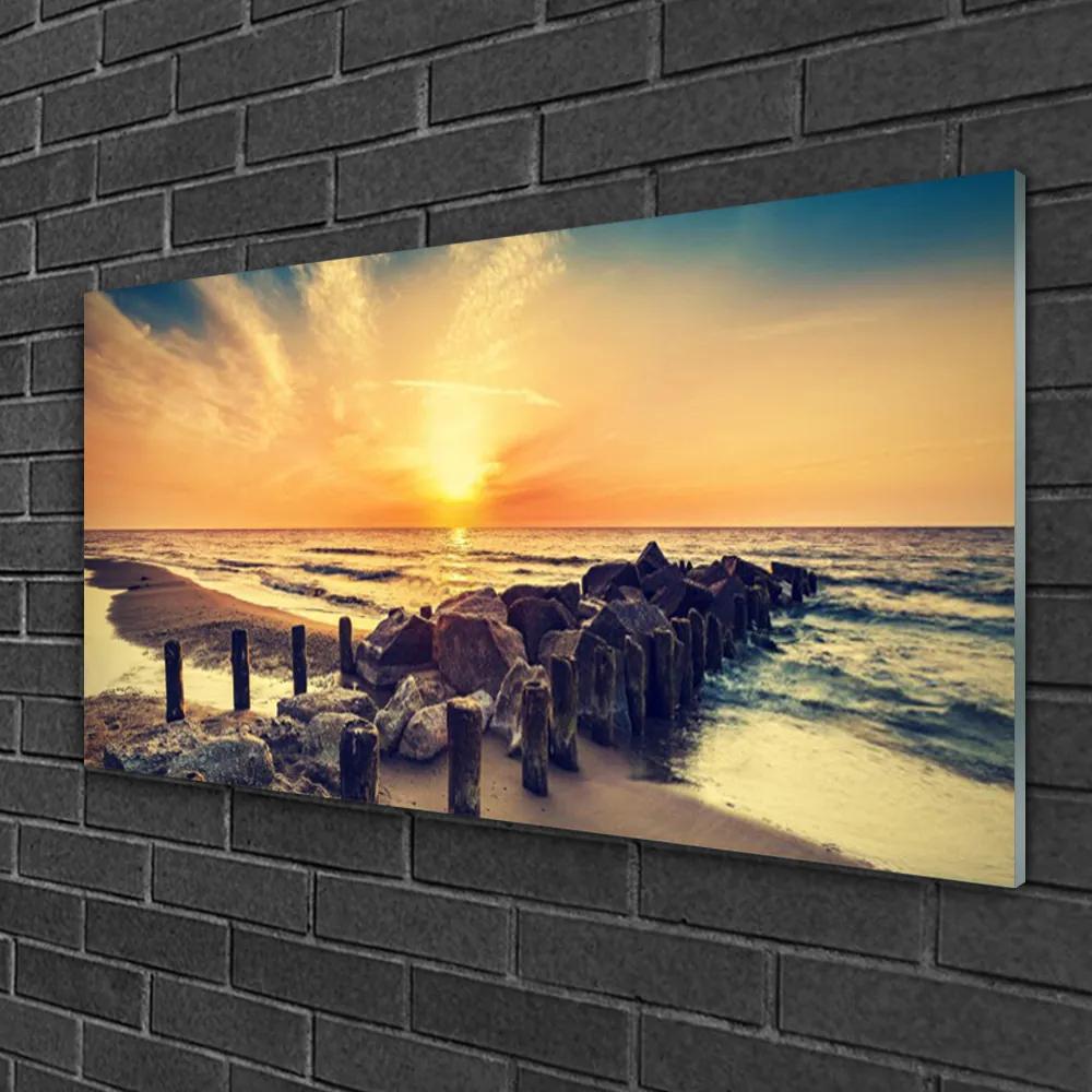 Obraz na skle Pláž Vlnolam Moře Západ 100x50 cm