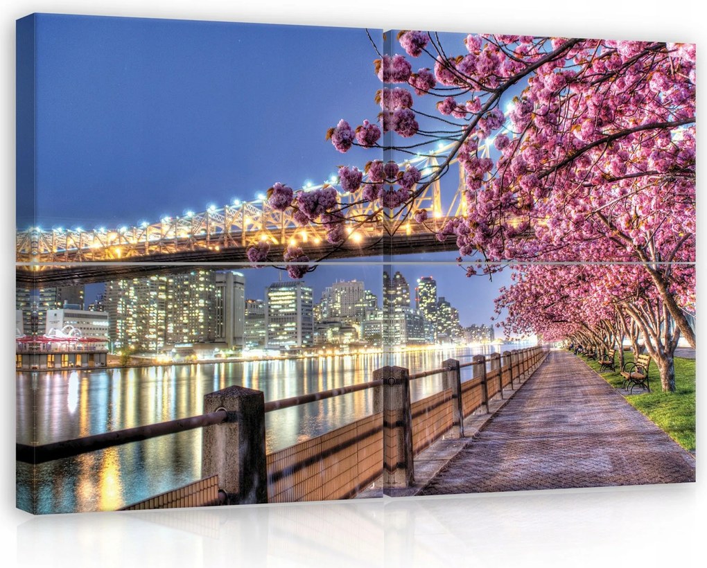 Obraz 120x80 Město noc most řeka sakura jaro panorama New York