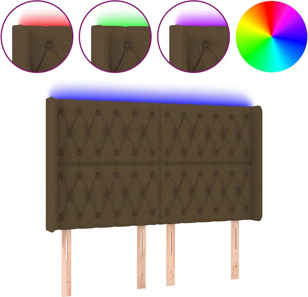 Čelo postele s LED tmavě hnědé 147 x 16 x 118/128 cm textil 3124385