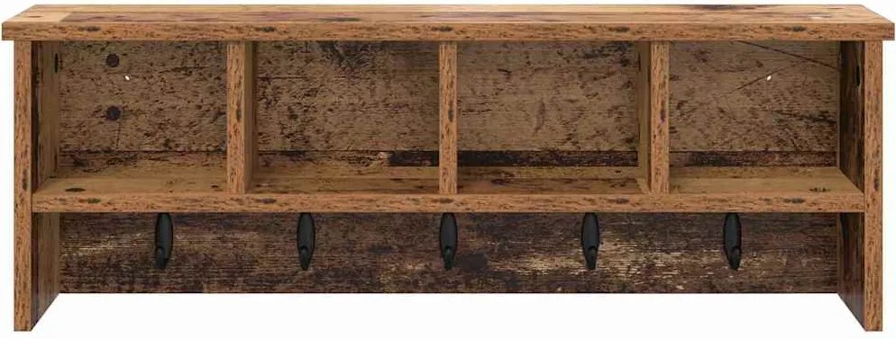 věšák, nástěnný, 4 poličky, háčky, kompozitní dřevo, 26x75x16 cm, staré dřevo, Dekorino TK20260021