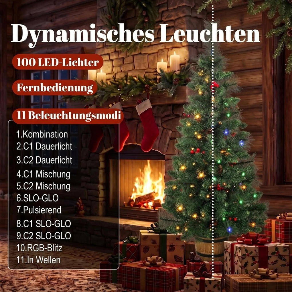 HOMCOM Umělý vánoční stromek, 120 cm Jedle s 100 LED osvětlením 131 špiček Bobule, 2 barvy světla, Dálkové ovládání