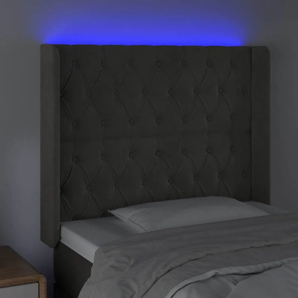 Čelo postele s LED tmavě šedé 93 x 16 x 118/128 cm samet 3124421