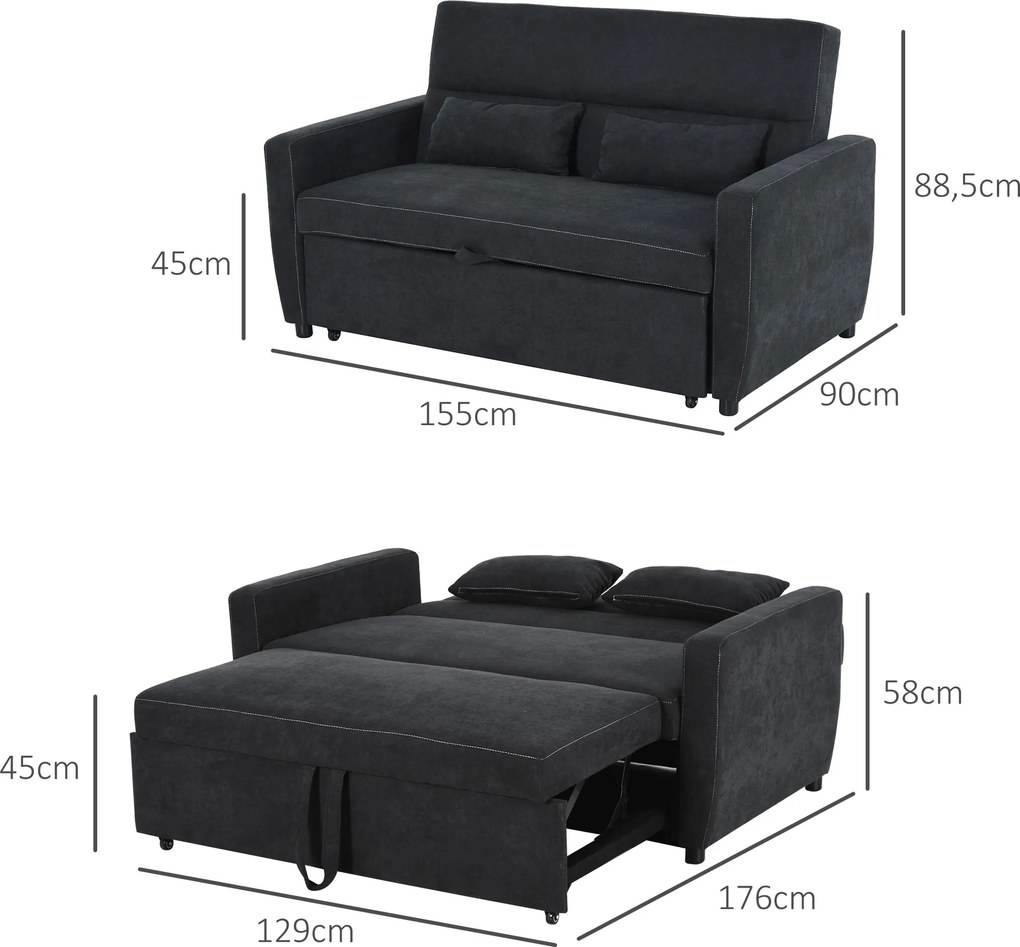 HOMCOM Rozkládací pohovka 2místná s funkcí spánku nastavitelný úhel látková pohovka černá 148 x 82 x 89 cm do obývacího pokoje | Aosom.de