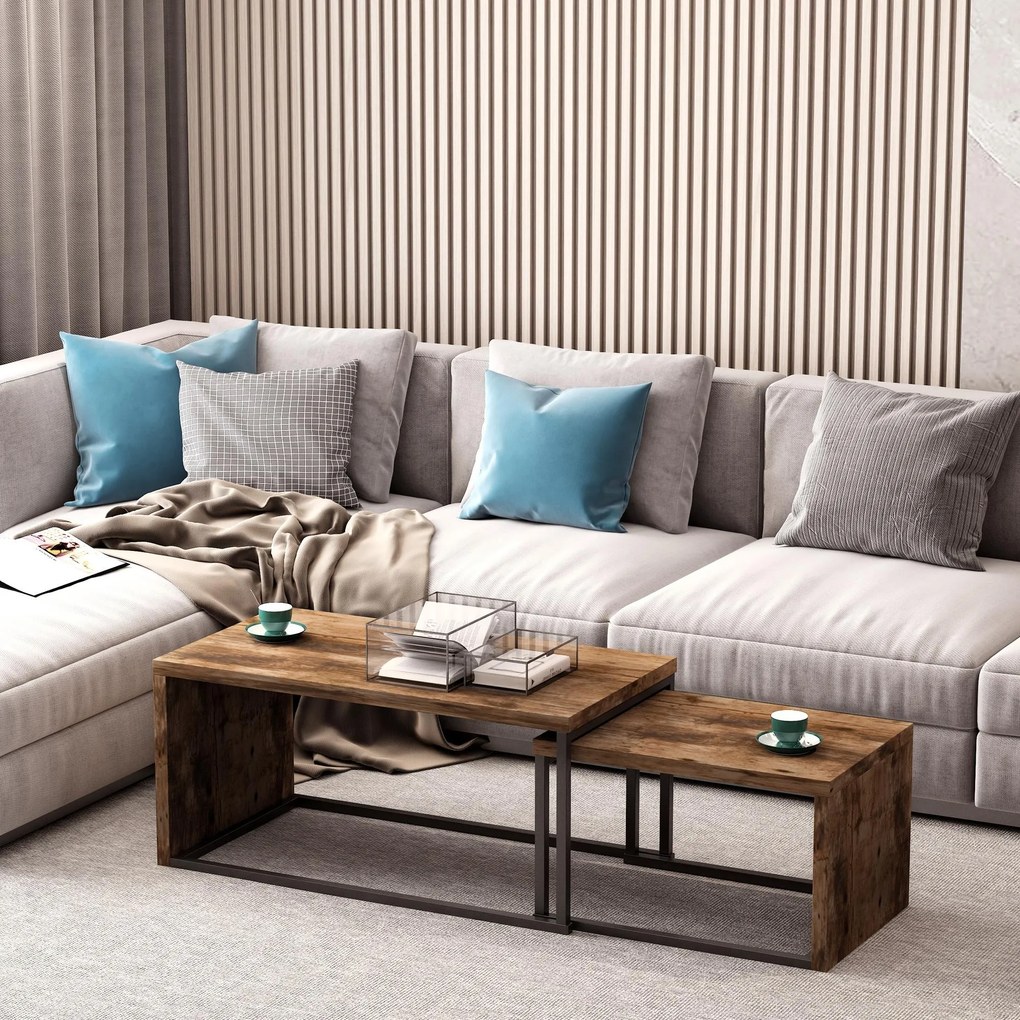 HOMCOM Set 2 Kávových Stolků s Kovovými Nohy v Průmyslovém Stylu pro Obývací Pokoj a Jídelnu 90x48x42 cm a 59x42x36 cm | Aosom
