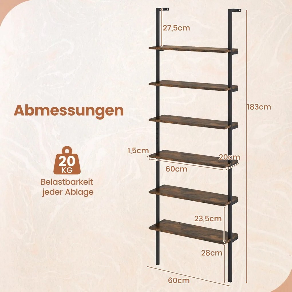 Costway Nástěnná knihovna 6-Ter Ladder Police s kovovým rámem