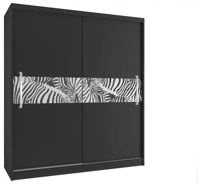 Šatní skříň s posuvnými dveřmi šířka 133 cm v černém provedení se zebrovaným pruhem Bez dojezdu