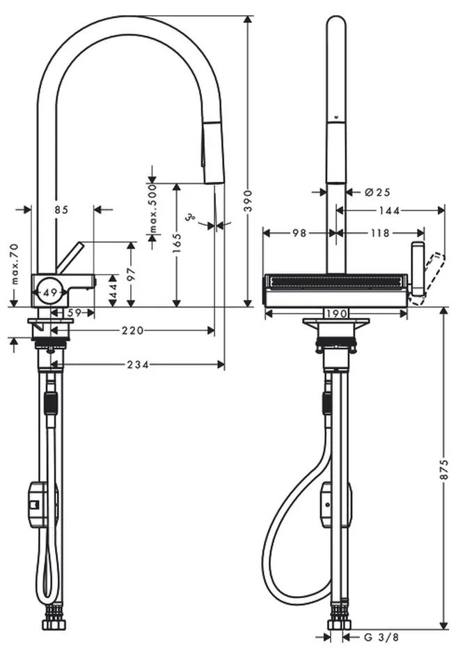Hansgrohe M81, dřezová baterie Aquno Select s výsuvnou koncovkou a plochým sprchovým proudem, vzhled nerezový 73837800