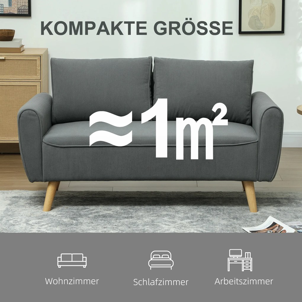 HOMCOM dvoumístná pohovka se 2 polštáři, čalouněná pohovka s extra hlubokými sedáky 54 cm, dvoumístná pohovka z manšestru, malá pohovka s dřevěným rá…