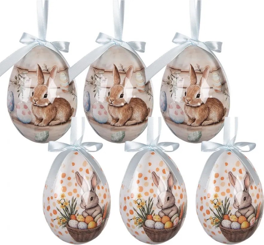 6ks dekorace bílé a béžové závěsné vajíčko s králíčky Spring Egg - Ø 7*10 cm