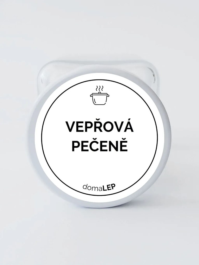 Samolepka na kořenky VEPŘOVÁ PEČENĚ bílá 5 cm tučné písmo