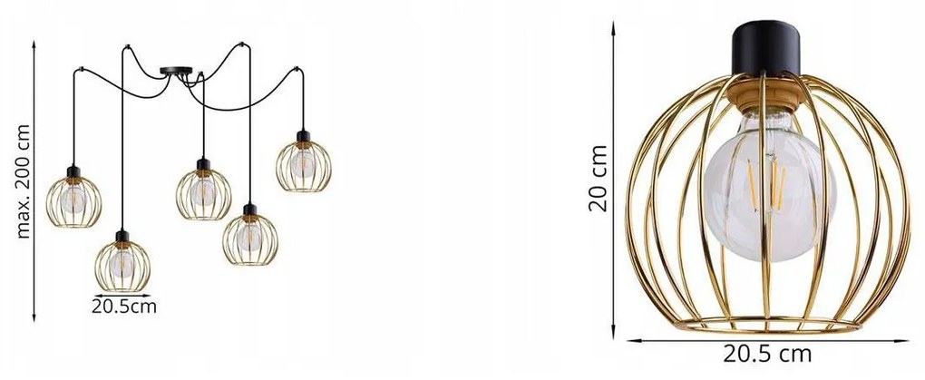 Závěsné svítidlo TORONTO SPIDER, 5x zlaté drátěné stínítko, (výběr ze 2 barev konstrukce)