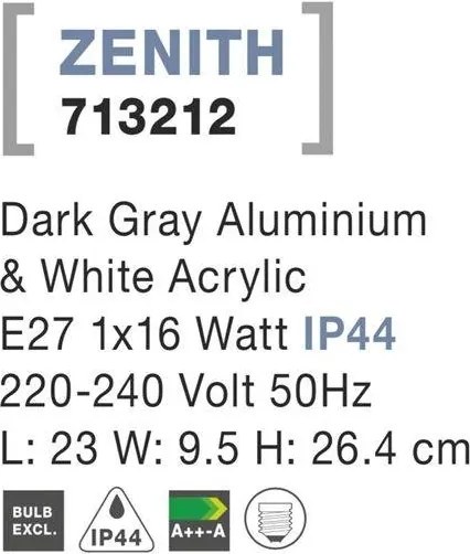 NV 713212 Venkovní nástěnné svítidlo ZENITH tmavě šedý hliník bílý akrylový difuzor E27 1x12W 220-240V bez žárovky IP44 - NOVA LUCE
