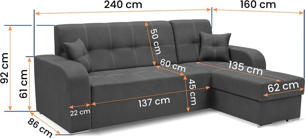 Rohová rozkládací sedací souprava do L MISOL, 240 cm, s úložným prostorem Roh pohovky: Levý roh, Barva látky: Tmavě hnědá (Yuma 38)