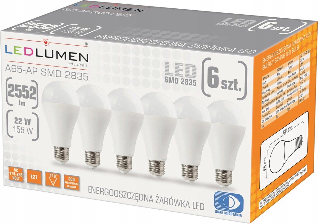 Sada 6x Led žárovka E27 A65 22W=155W Smd 2552lm 210° CCD Bez blikání
