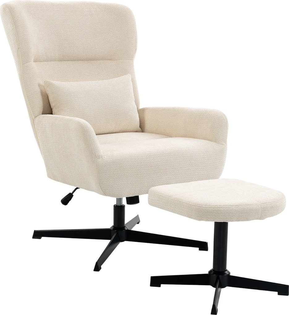 HOMCOM 360° otočné lounge křeslo s podnožkou, výškově nastavitelné, potah z chenille, s bederním polštářem, krémově bílé 83F-010V00CW