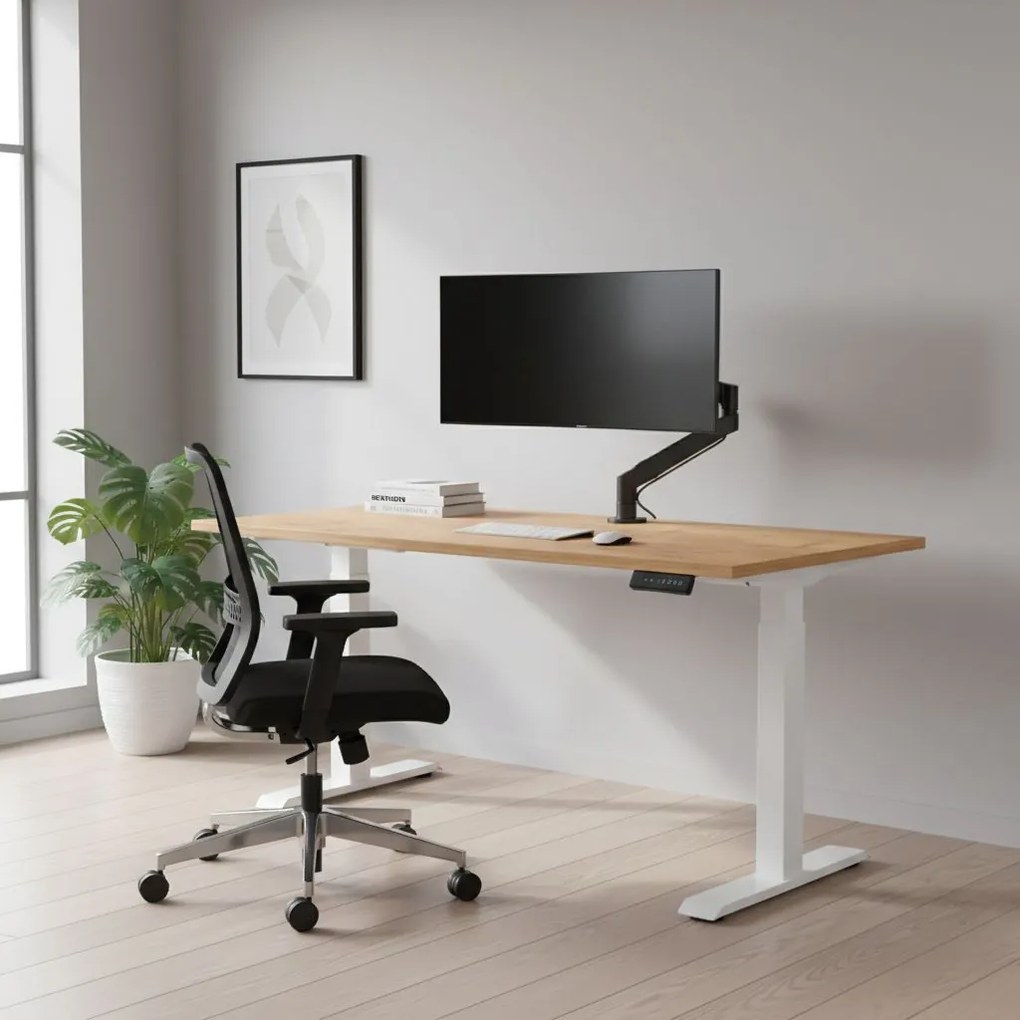 Výškově nastavitelný stůl OfficeTech D, 160 x 80 cm, bílá podnož, dub kraft
