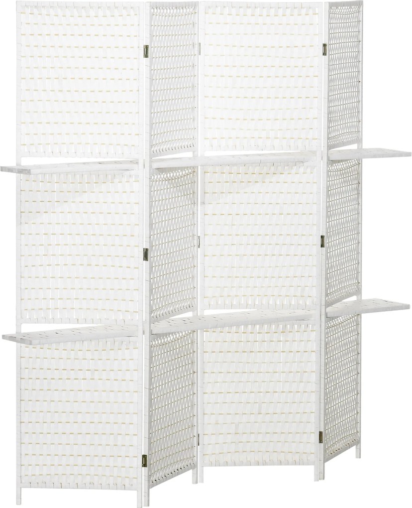 HOMCOM Skládací paraván se 4 panely 181x180 cm s policemi, dekorativní oddělovací příčka do ložnice, obývacího pokoje, kuchyně - Bílá | Aosom