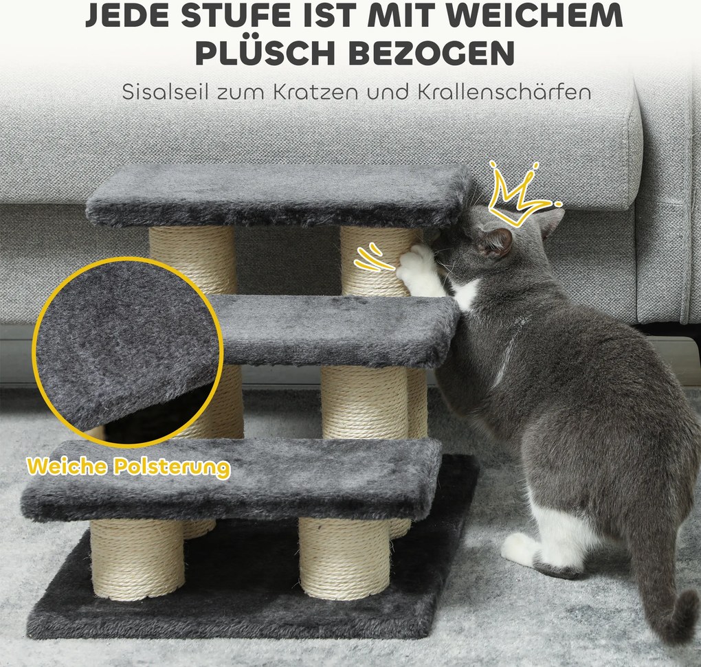 PawHut schody pro psy a kočky 3stupňové schody pro psy schody pro kočky plyšové tmavě šedé 45x35x34cm pro snadný vstup a výstup