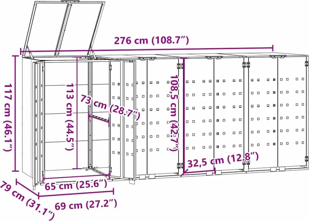 vidaXL Box na 4 popelnice 276 x 79 x 117 cm ocel [3279989] Barva: Černá