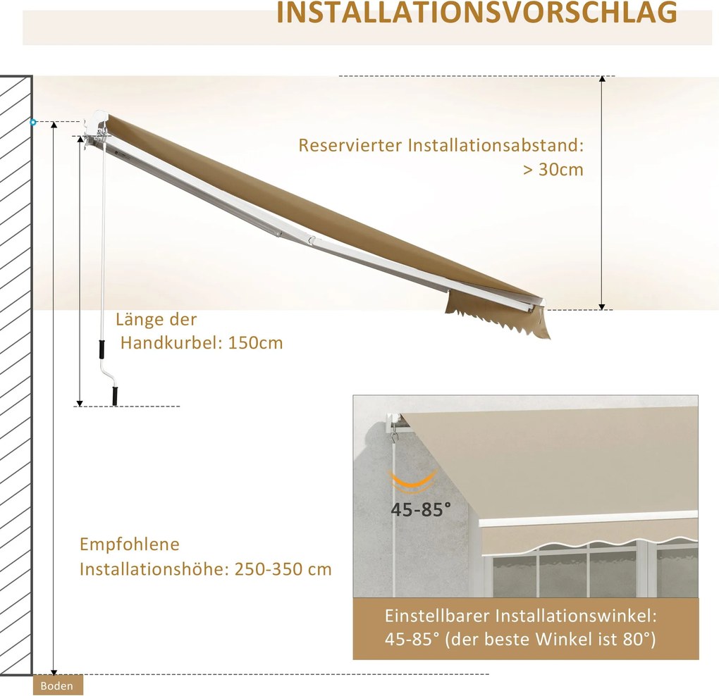 Manuální zatahovací kazetová markýza Outsunny 3,95 m s kličkou pro balkón - sluneční clona, stěnová montáž, hliník, Bílá + Béžová 395 x 245 cm