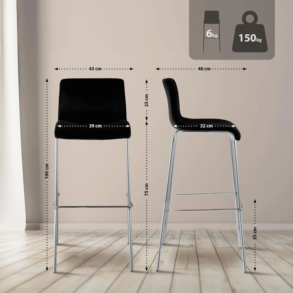 Barová židle Hoover samet čtyřnohá konstrukce chromovaná konstrukce – černá